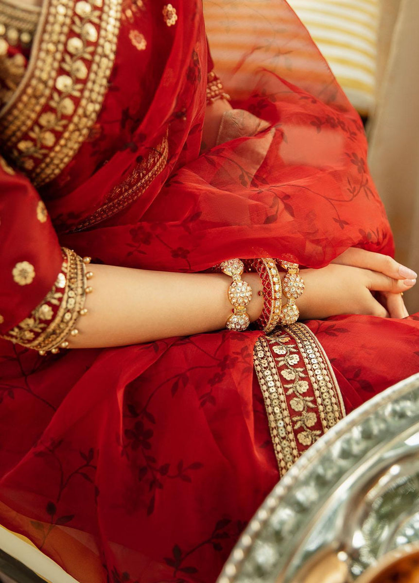 Ruby Elegance: Qalamkar Shadmani Organza 3pc Ensemble – Olive Atelier