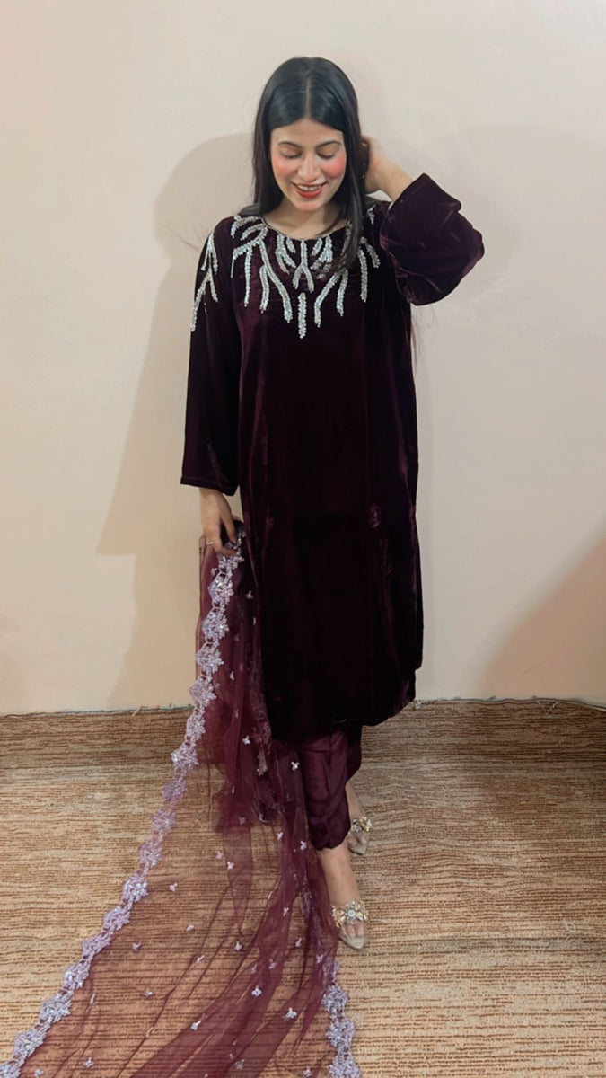 Opulent Velvet Glamour: Hand worked 3-Piece- Velvet Ensemble – Olive ...