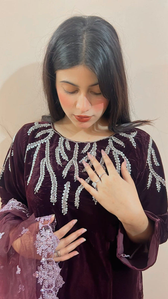 Opulent Velvet Glamour: Hand worked 3-Piece- Velvet Ensemble – Olive ...