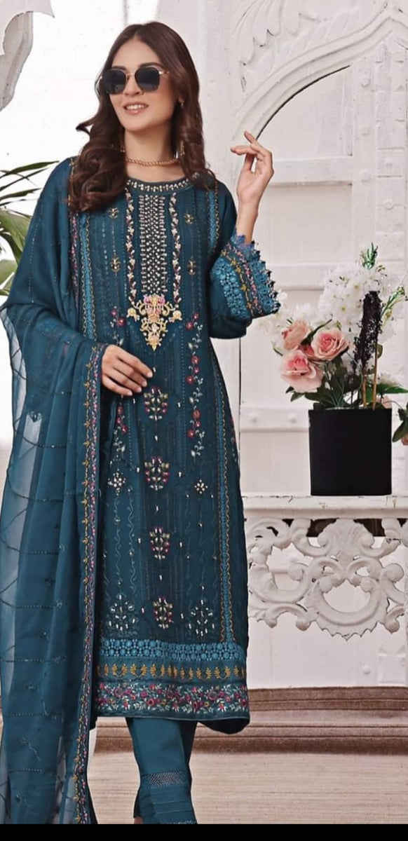 Aqua Mystique Ensemble - 3-Piece Pure Chiffon Handwork – Olive Atelier