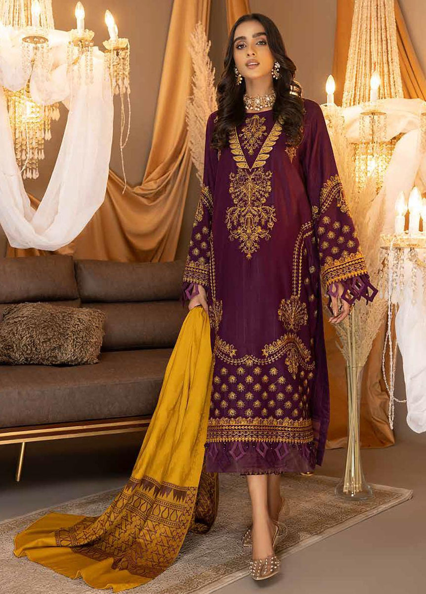 Purple Pashmina Elegance: Charizma Posima 3-Piece Suit with Woven Shaw ...